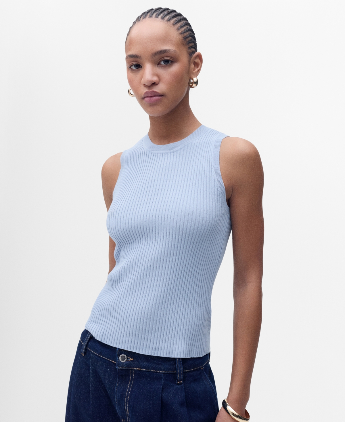 Click here for Mango Womens Ribbed Knit Top - Sky Blue prices