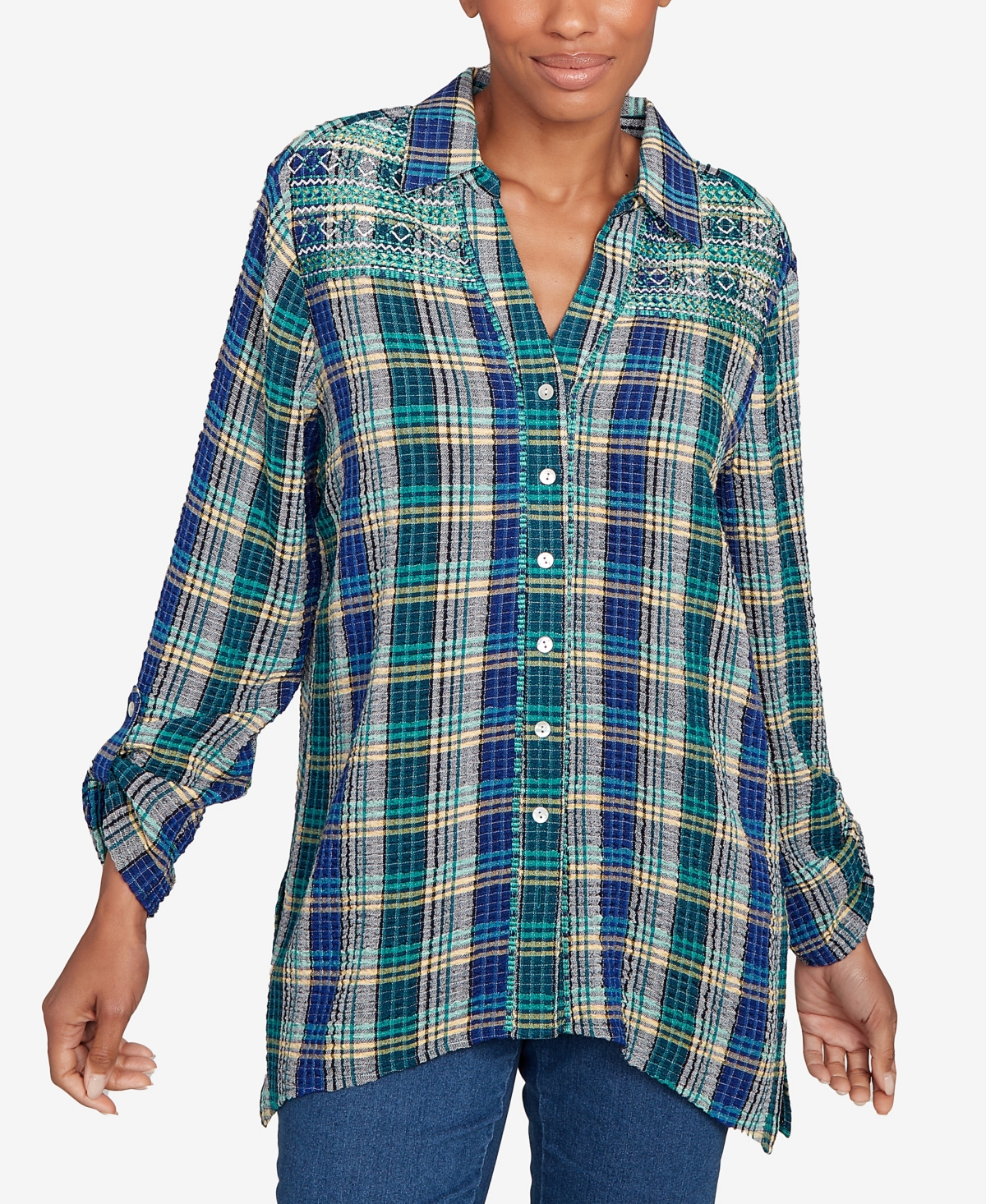 Click here for Ruby Rd. Petite Embroidered Plaid Button Down Top... prices