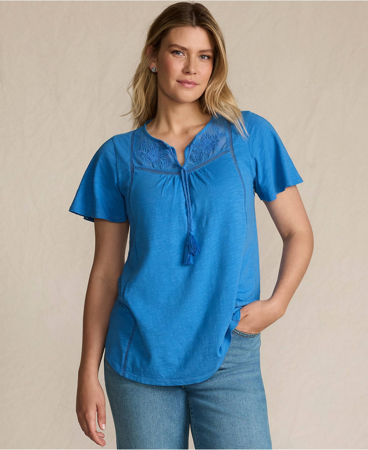 Click here for Lands End Womens Slub Flutter Sleeve Lace Trim Not... prices