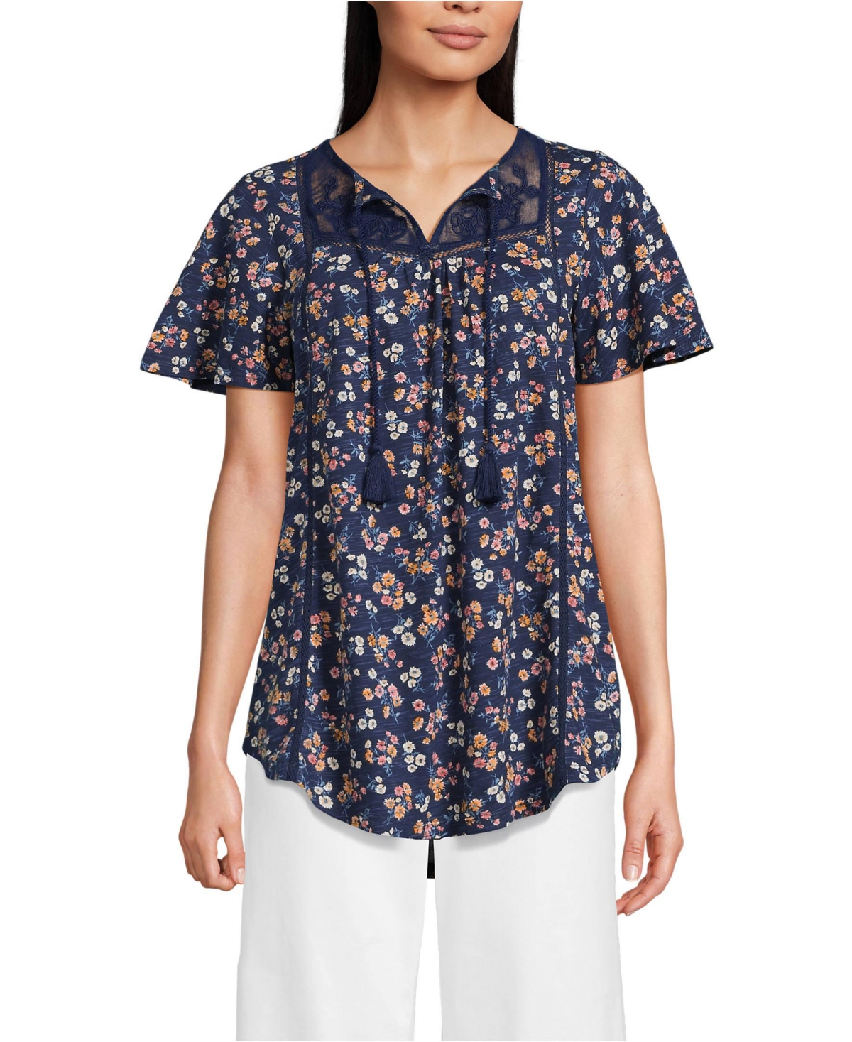 Click here for Lands End Womens Slub Flutter Sleeve Lace Trim Not... prices