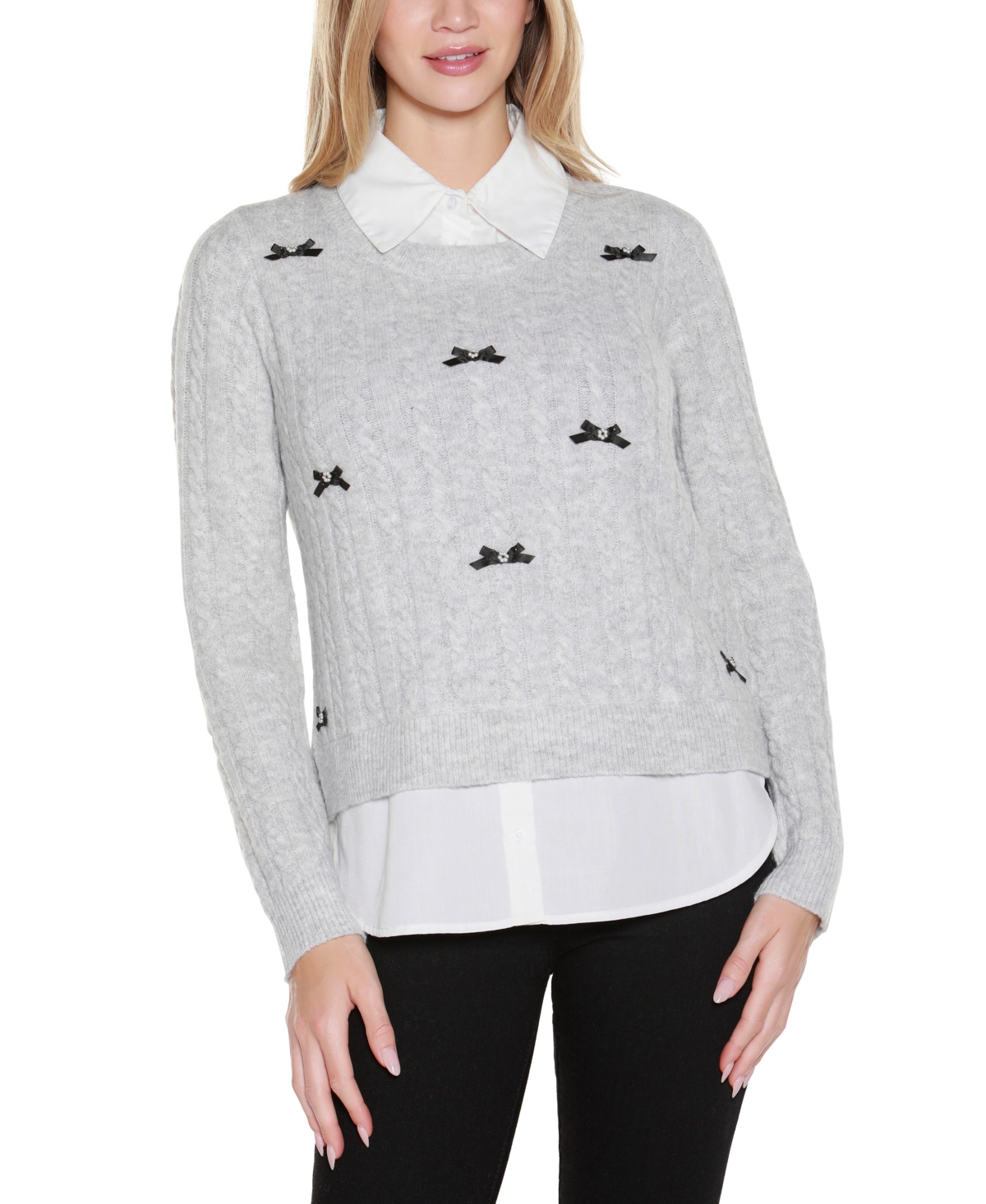 Click here for Belldini Womens Bow-Trim Two-Fer Sweater - Heather... prices