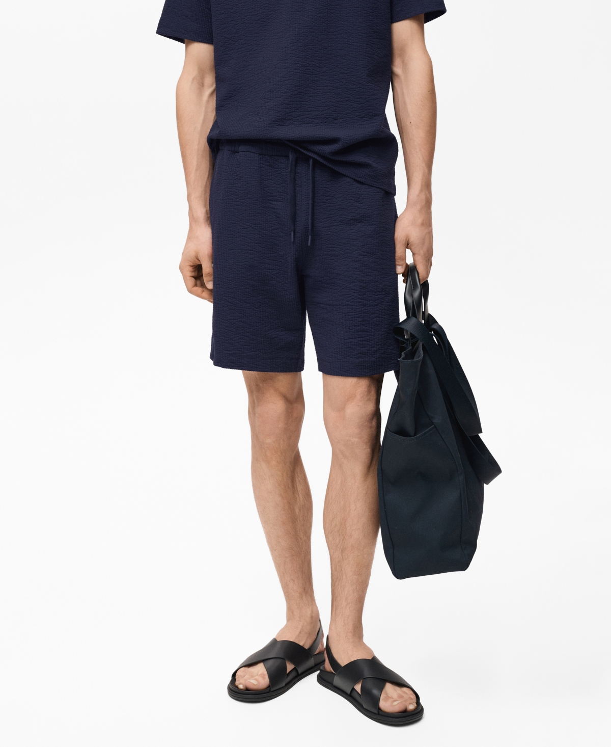 Click here for Mango Mens Drawstring Seersucker 5.47 Shorts - Dar... prices