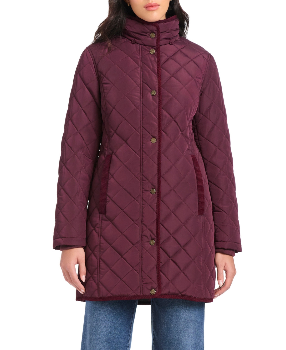 Click here for Vince Camuto Womens Long Mini Quilt Coat - Wine ta... prices