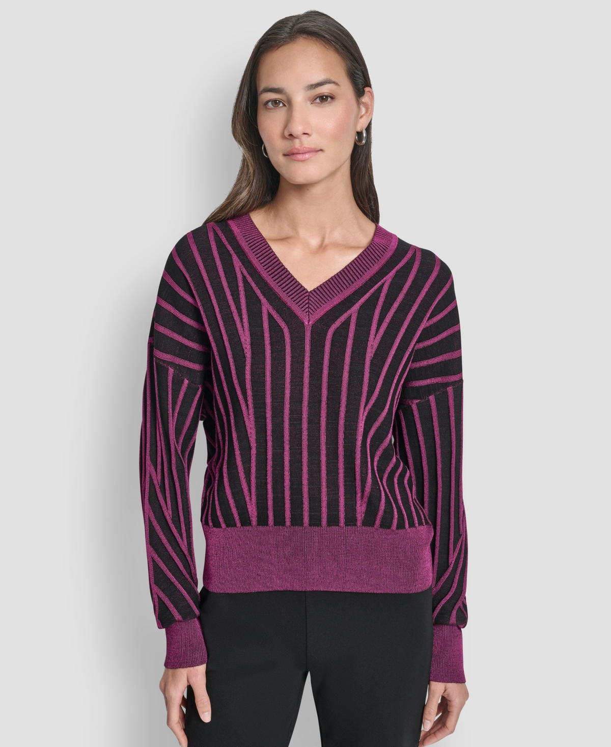 Click here for Dkny Womens Long Sleeve V-Neck Sweater - Fuchsia prices