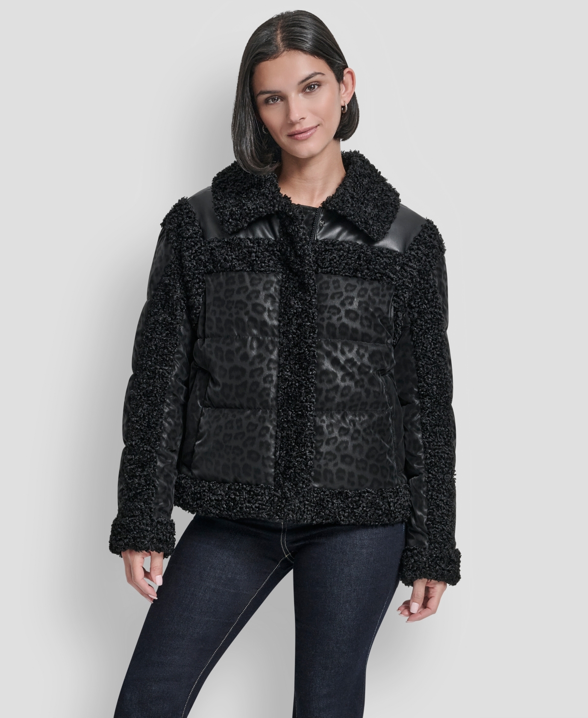 Click here for Dkny Womens Mixed Media Cheetah Tech Jacket - Blac... prices