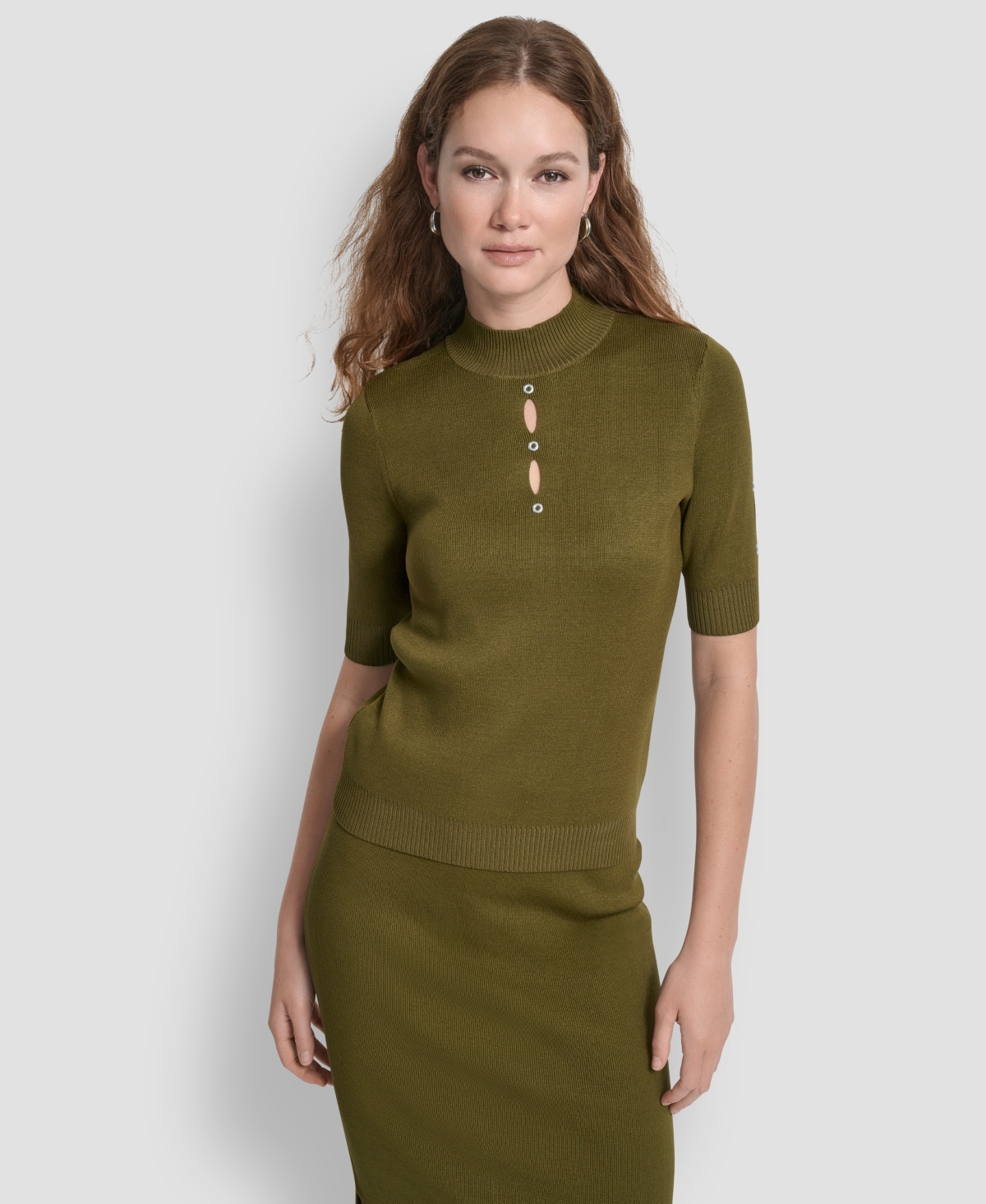 Click here for Dkny Womens Grommet Mock Neck Sweater - Dark Olive prices