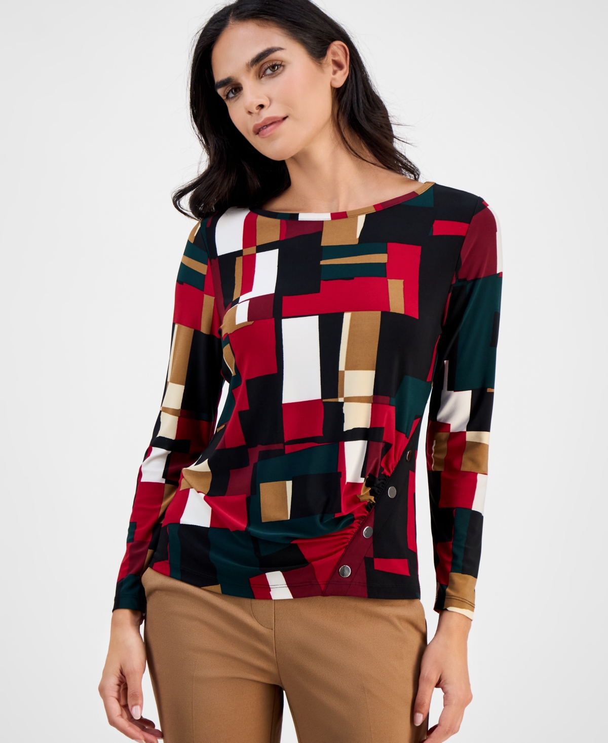 Click here for Ak Anne Klein Petite Printed Ruched-Front Long-Sle... prices