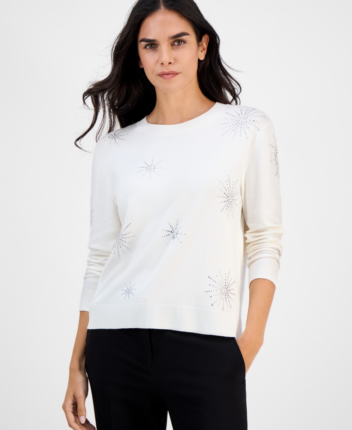 Click here for Ak Anne Klein Embellished Crewneck Long-Sleeve Swe... prices
