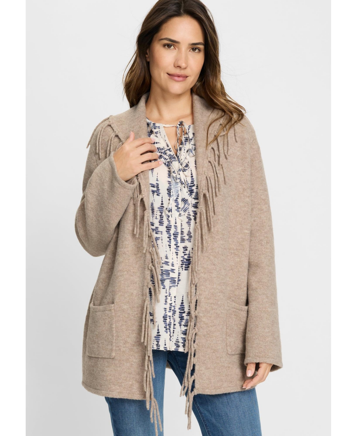 Click here for Olsen Womens Fringe Trim Cardigan - Dark taupe mel... prices