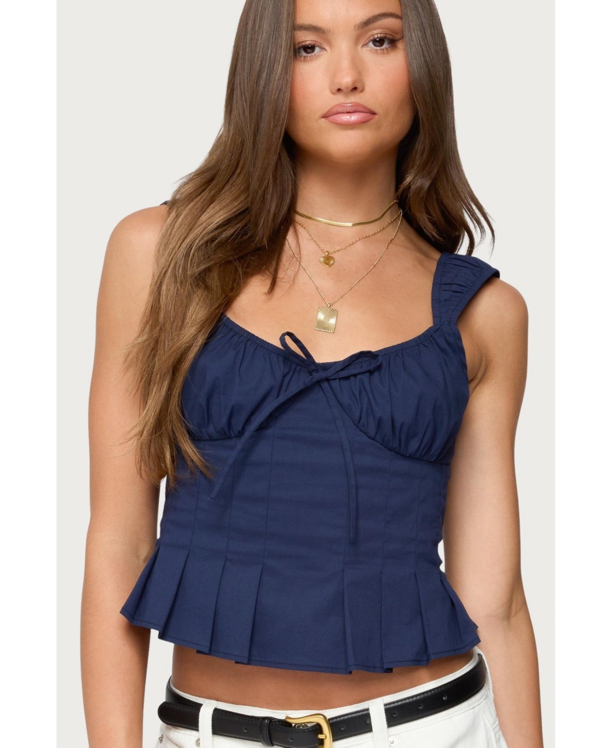Click here for Edikted Womens Tammie Pleated Poplin Top - Navy prices