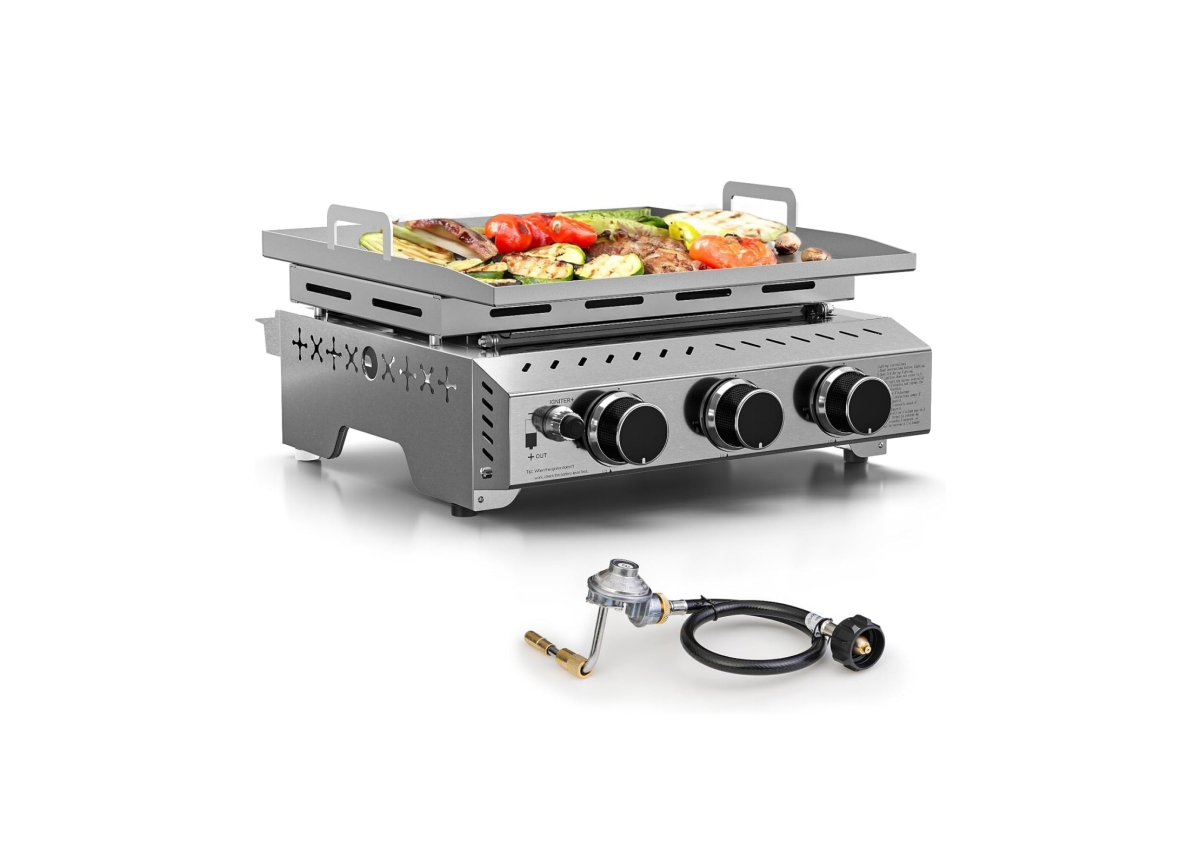 Cowsar Portable 26 Inch Tabletop Griddle with Grill Grate  Stainless Steel Propane Gas Grill with 3 Burners 24000 Btu  for Outdoor Camping/Rv/Picnic/B