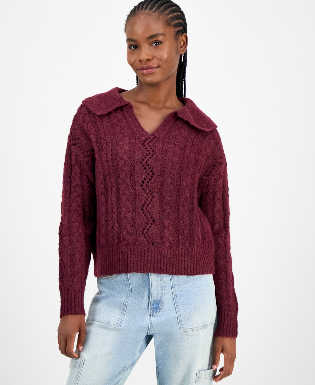 Click here for And Now This Womens Cable-Knit Pointelle Polo Swea... prices