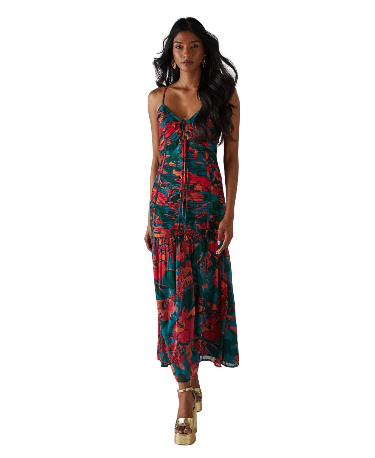 Warehouse Womens Chiffon Gathered Channel Midi Dress - Floral