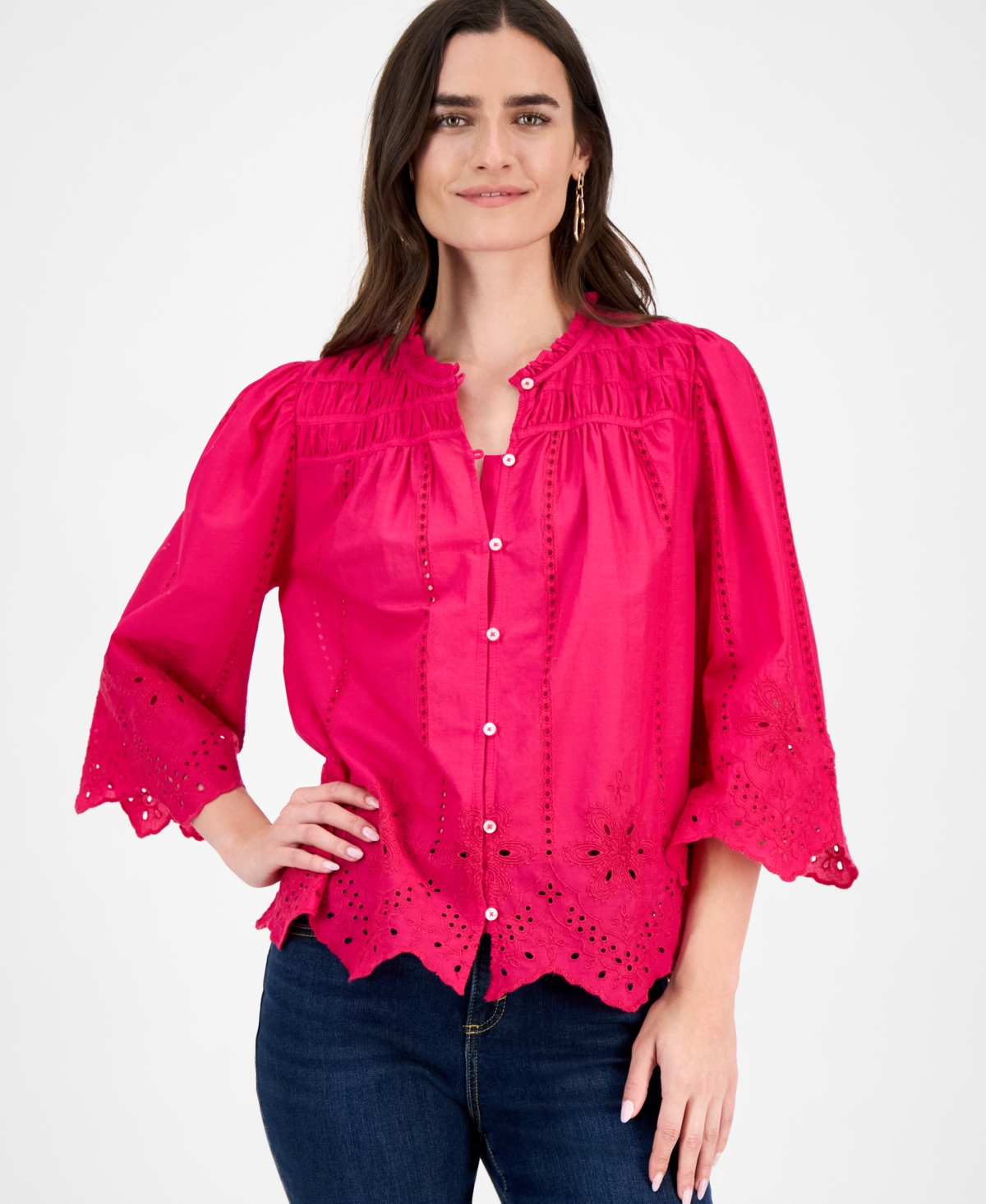 Click here for Style & Co Womens Cotton Ruched 3/4-Sleeve Eyelet... prices