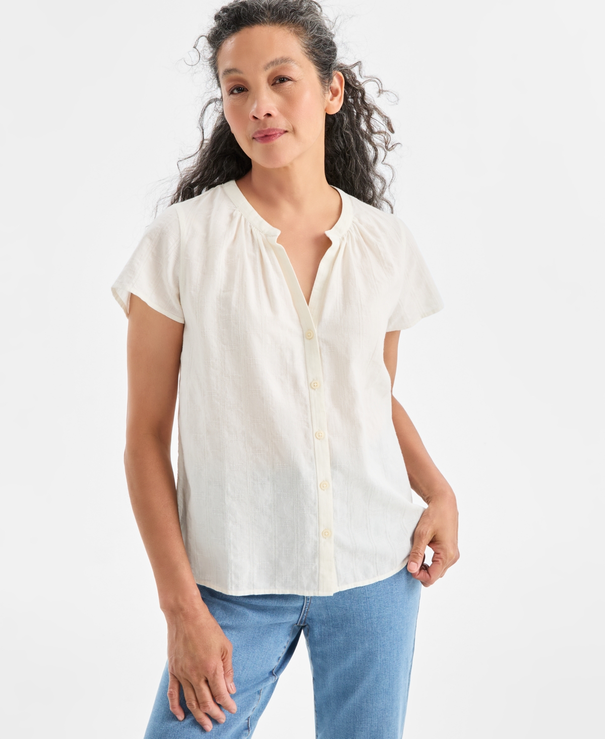 Click here for Style & Co Womens Button-Front Flutter-Sleeve Top... prices