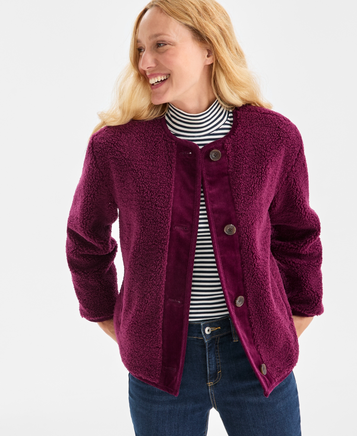 Click here for Style & Co Womens Sherpa Jacket with Corduroy Trim... prices
