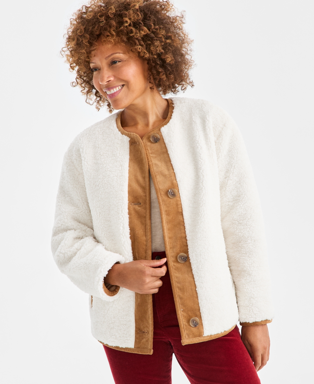 Click here for Style & Co Womens Sherpa Jacket with Corduroy Trim... prices