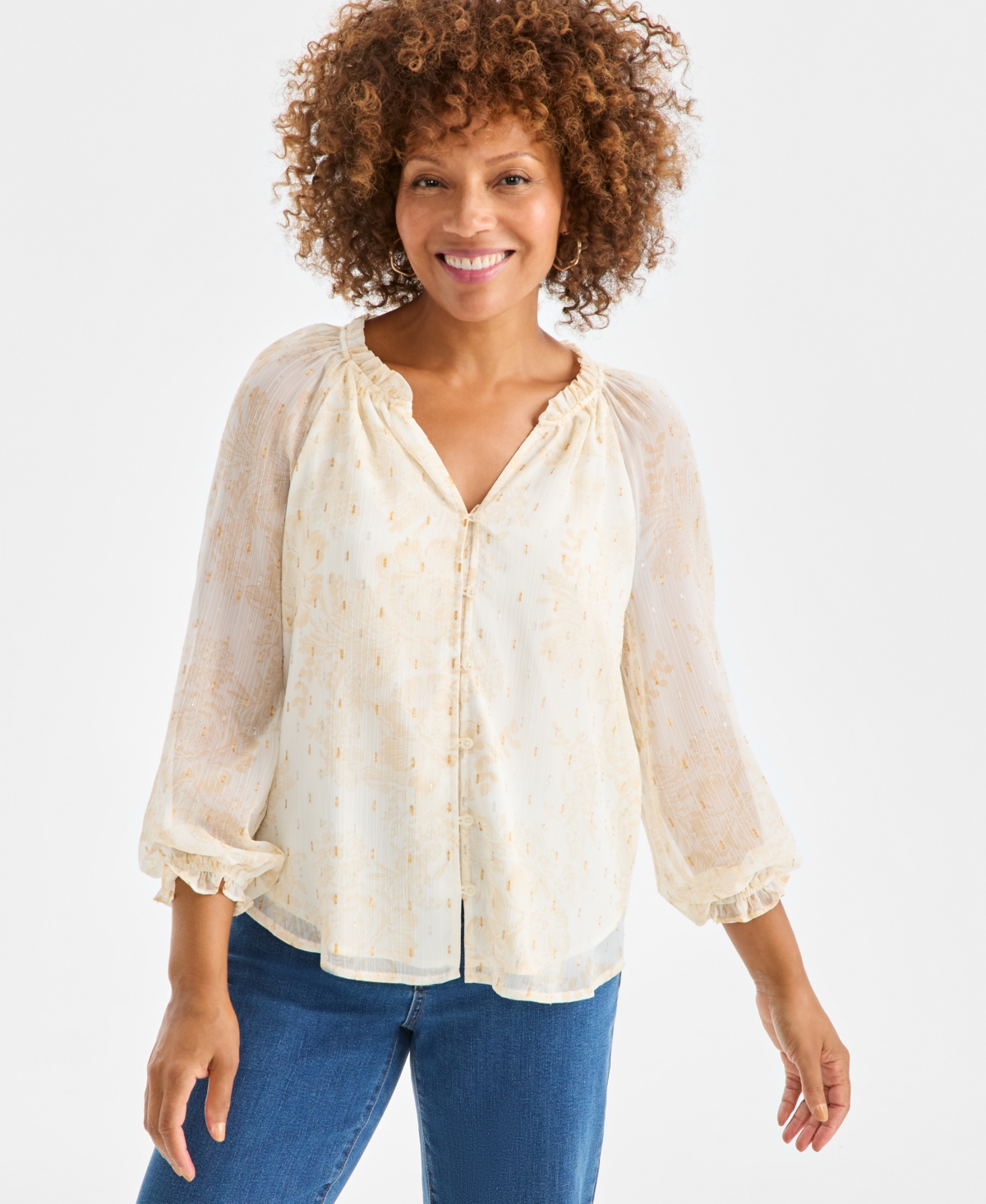 Click here for Style & Co Petite Floral Shine Ruffled Button-Fron... prices
