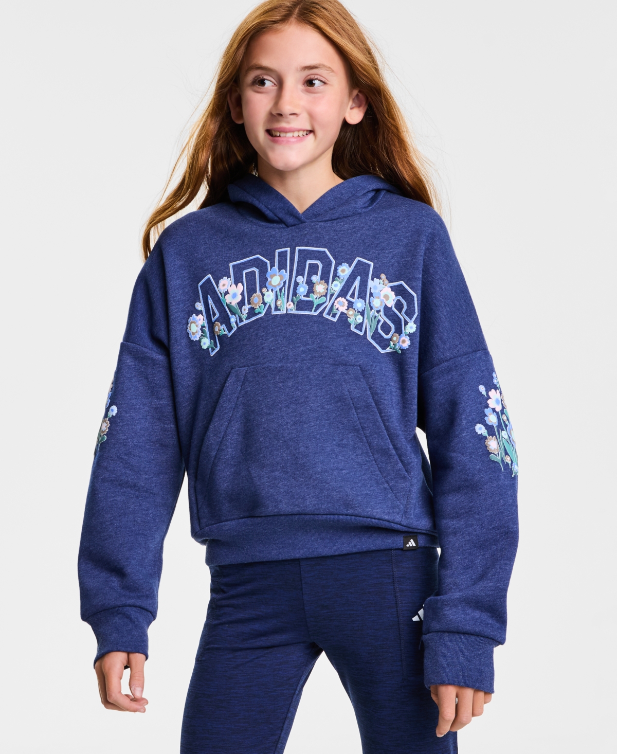 adidas Big Girls Long-Sleeve Heather Multi Graphic Fleece Pullover Hoodie - Dark Blue Heather