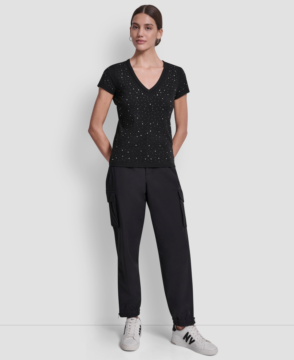 Click here for Dkny Jeans Womens Embellished V-Neck Top - Black/s... prices