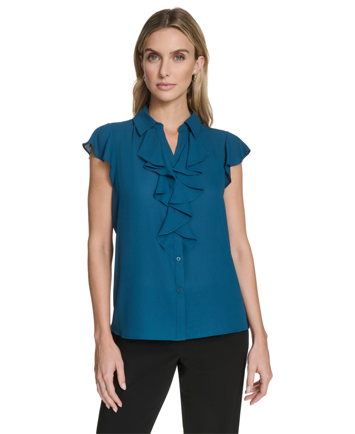 Click here for Calvin Klein Womens Solid Cap Sleeve Ruffle Top -... prices