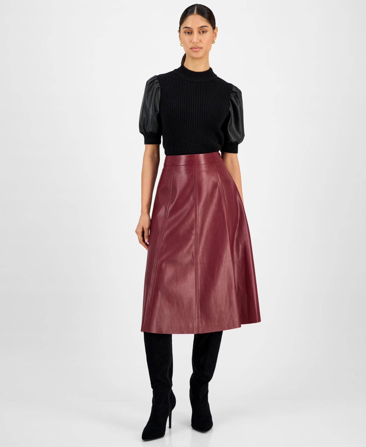 Click here for T Tahari Womens Faux-Leather A-Line Skirt - Merlot prices