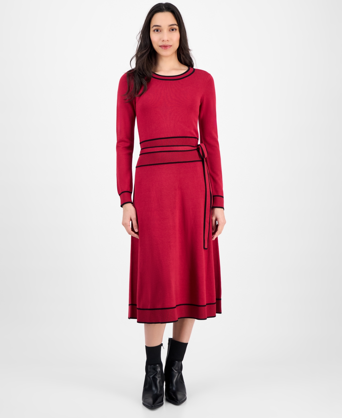 Click here for T Tahari Womens Wide-Rib Belted Sweater Dress - Re... prices