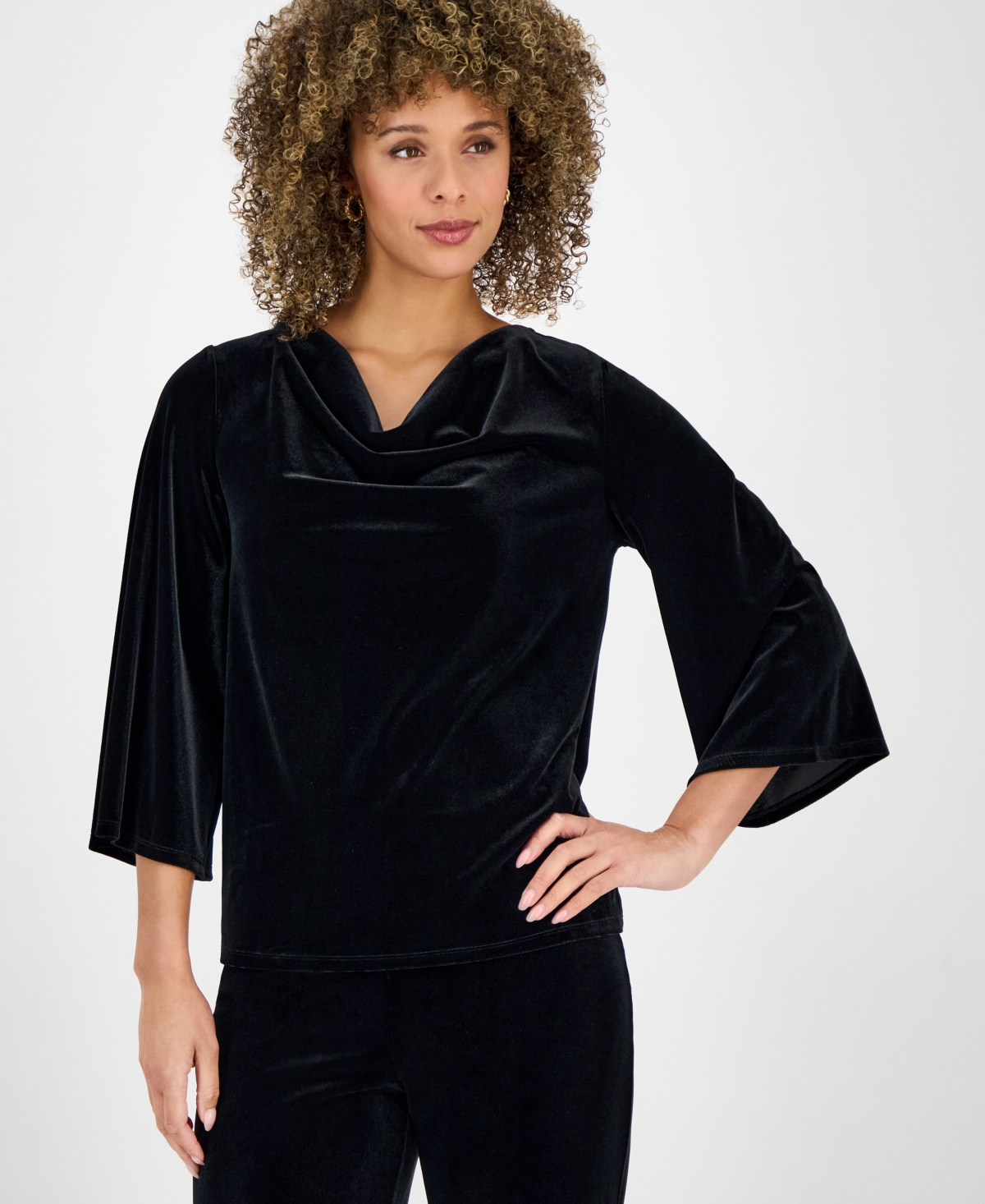 Click here for Kasper Womens Velvet Bell-Sleeve Top - Black prices