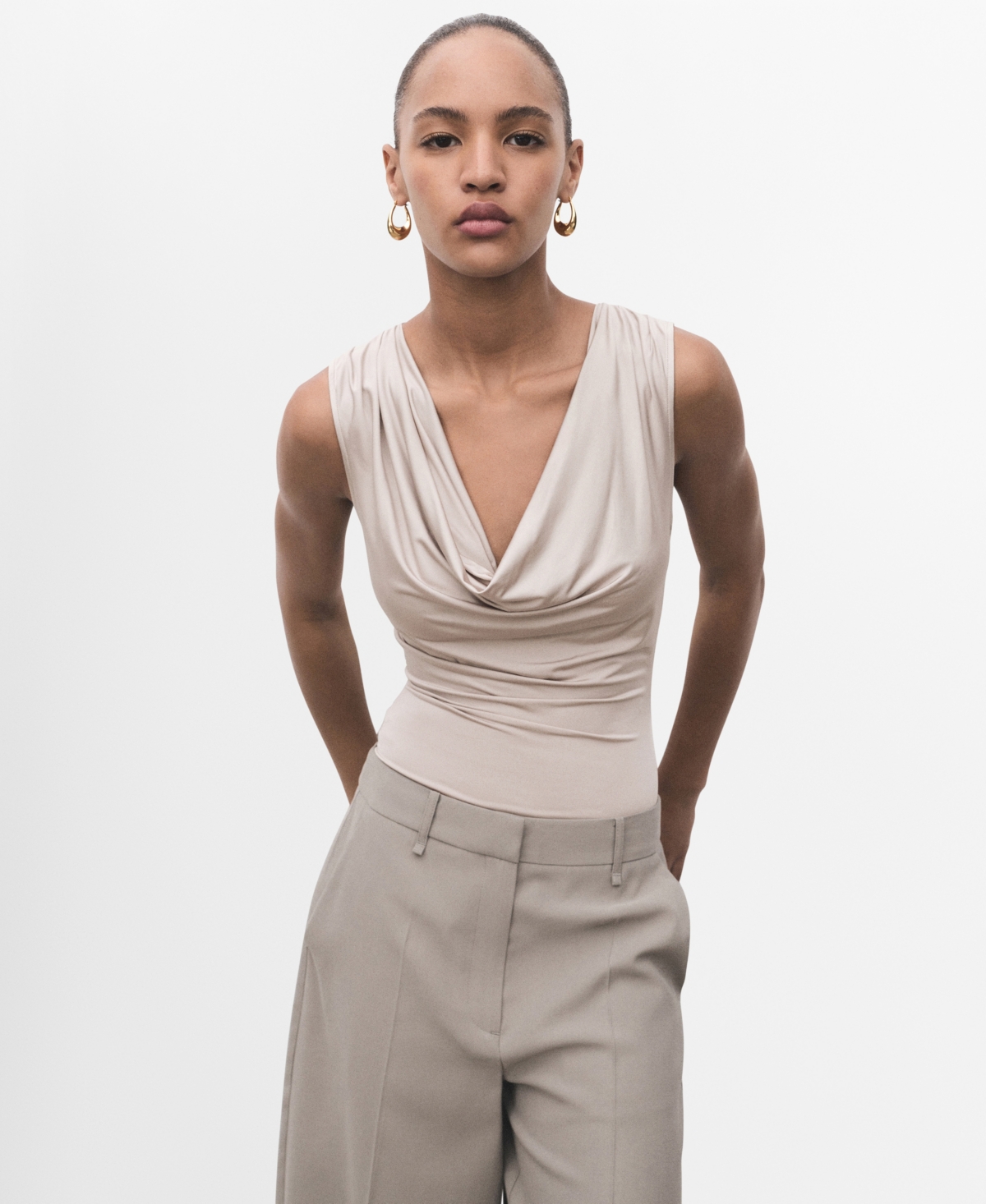 Click here for Mango Womens Draped Neckline Bodysuit - Light  Pas... prices