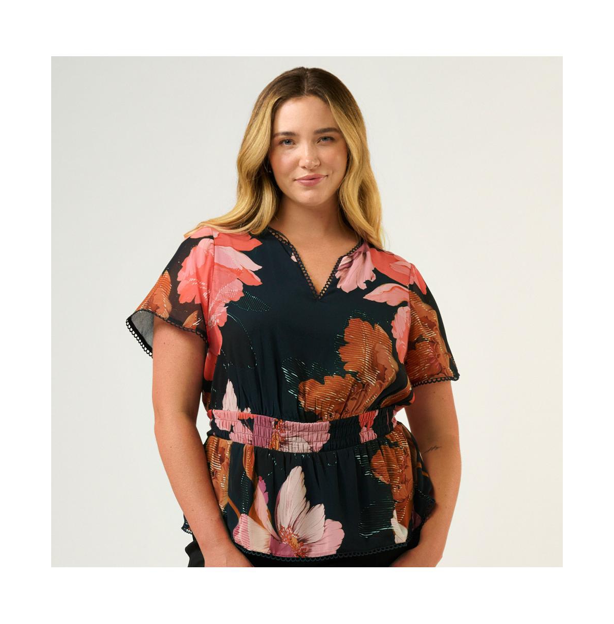 Click here for Estelle Plus Size Elena Waisted Top - Navy prices