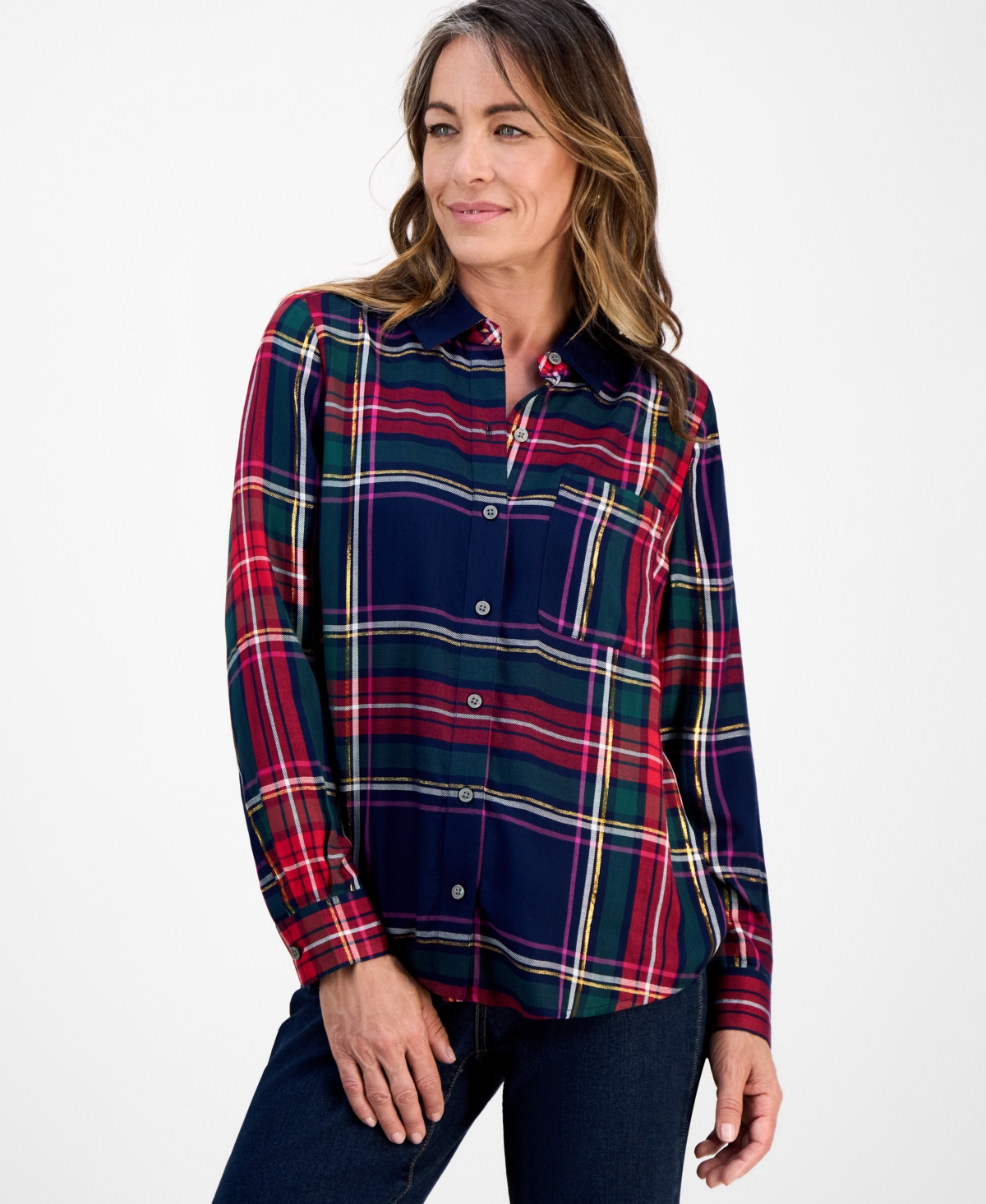 Click here for Style & Co Petite Festive Plaid Perfect Long-Sleev... prices