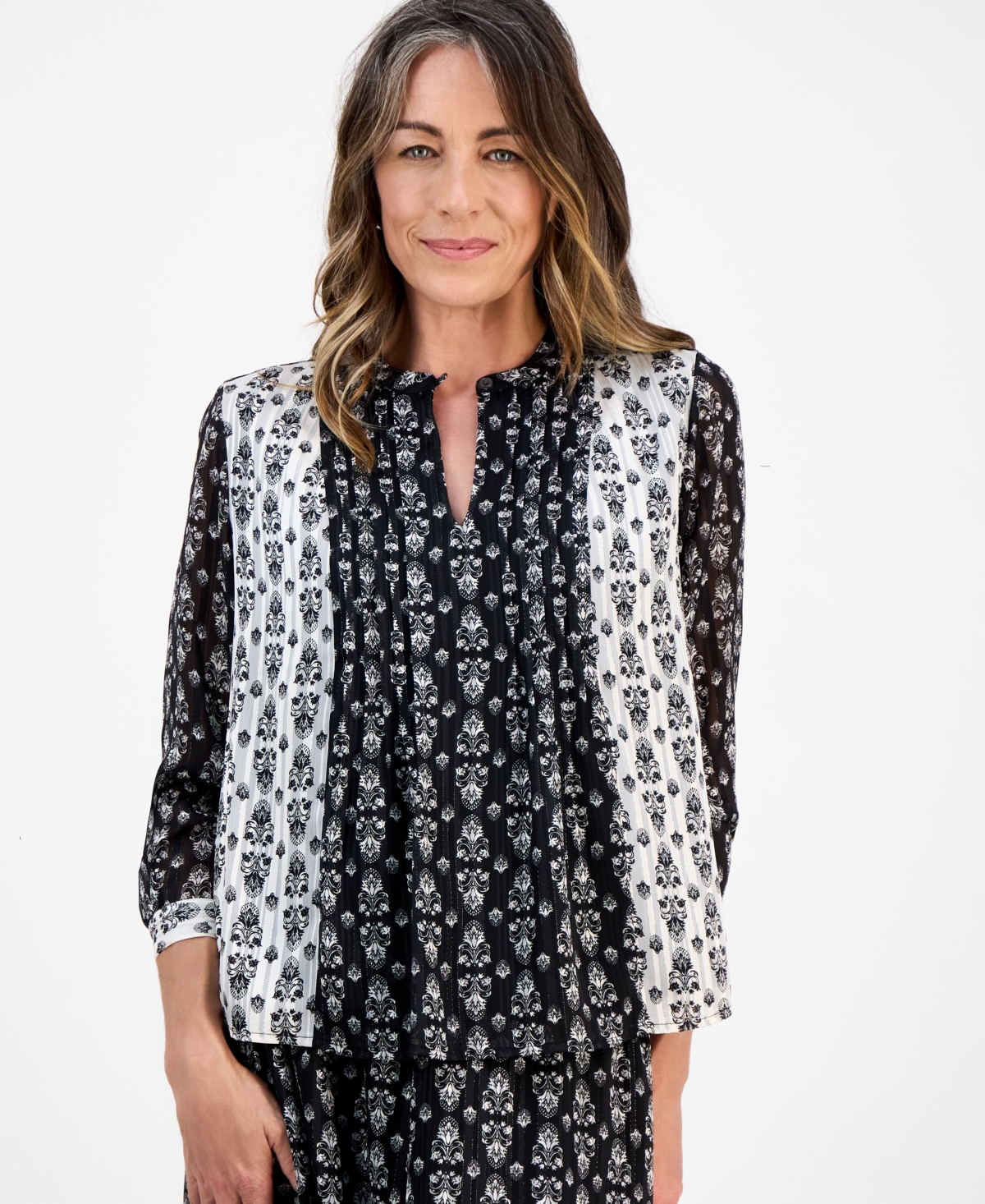 Click here for Style & Co Petite Damask Shine Pintucked Top  Macy... prices