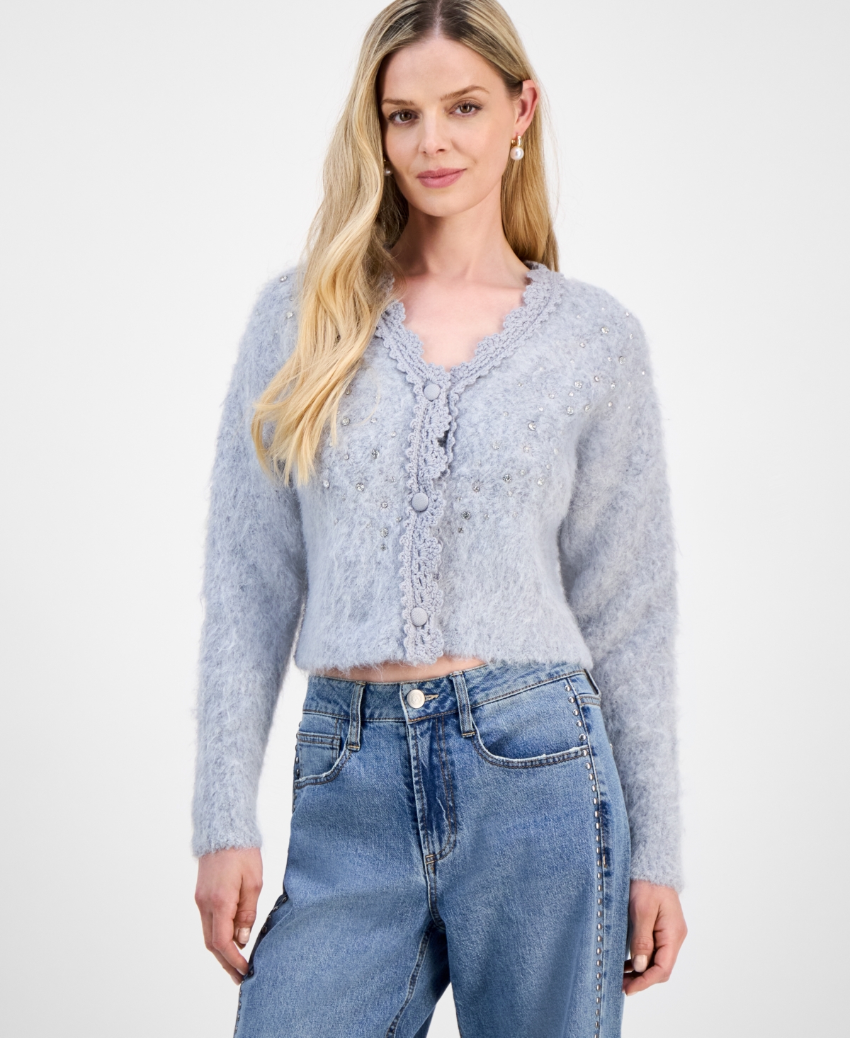Click here for And Now This Petite V-Neck Embellished Fuzzy Cardi... prices