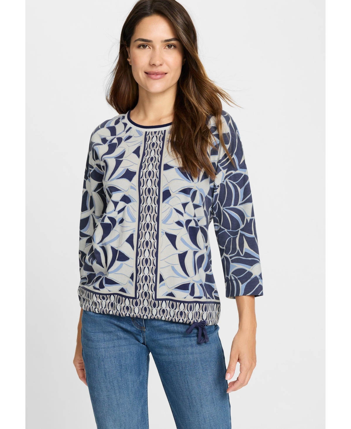 Click here for Olsen Abstract Leaf & Border Print T-Shirt - Indig... prices