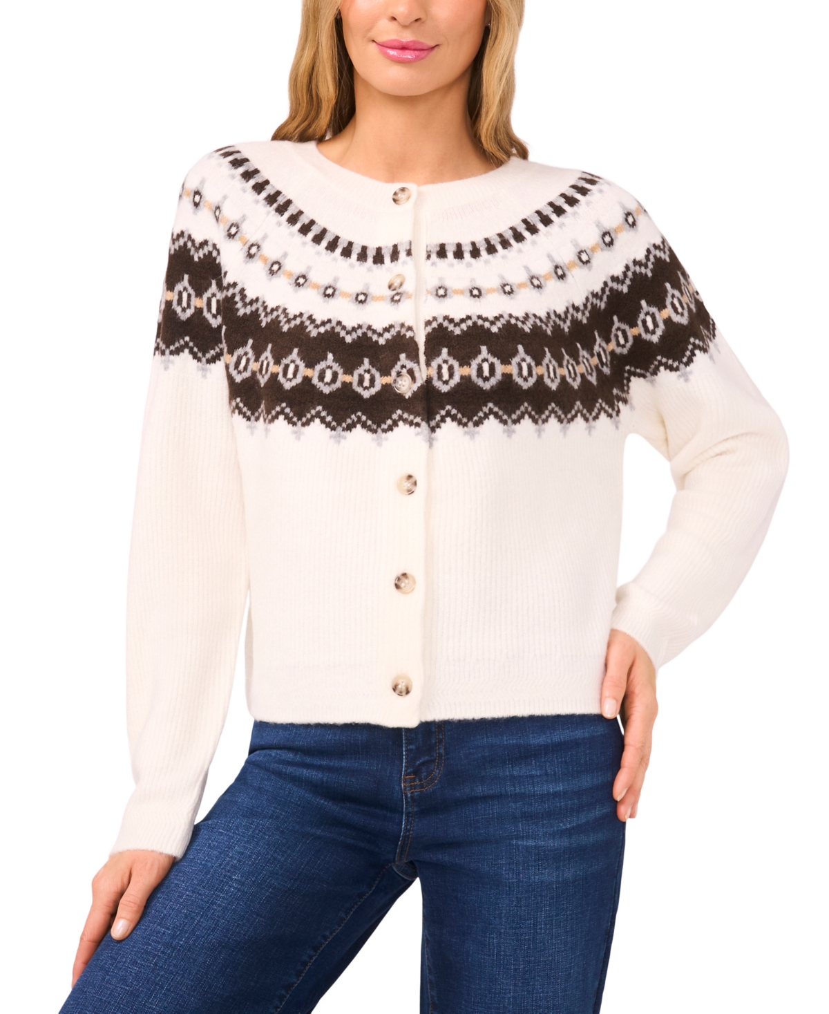 CeCe Womens Fair Isle Raglan Long Sleeves Cardigan - Antique White