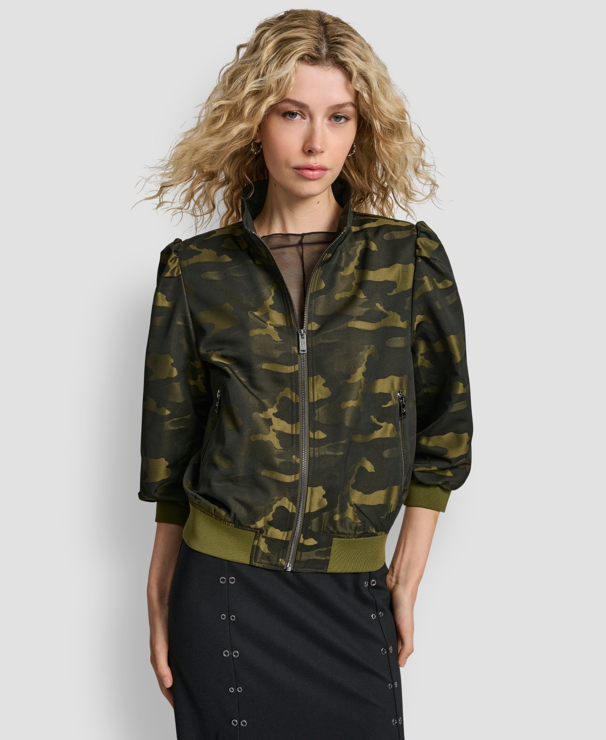 Click here for Dkny Womens Camo Jacquard Bomber 3/4-Sleeves Jacke... prices