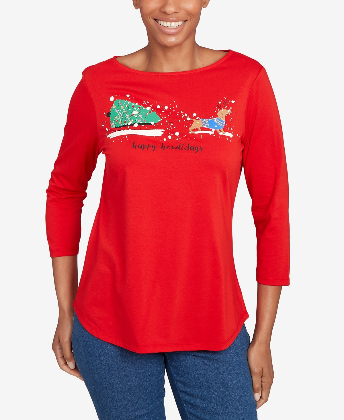 Click here for Ruby Rd. Petite Happy Howlidays Knit Top - Lipstic... prices