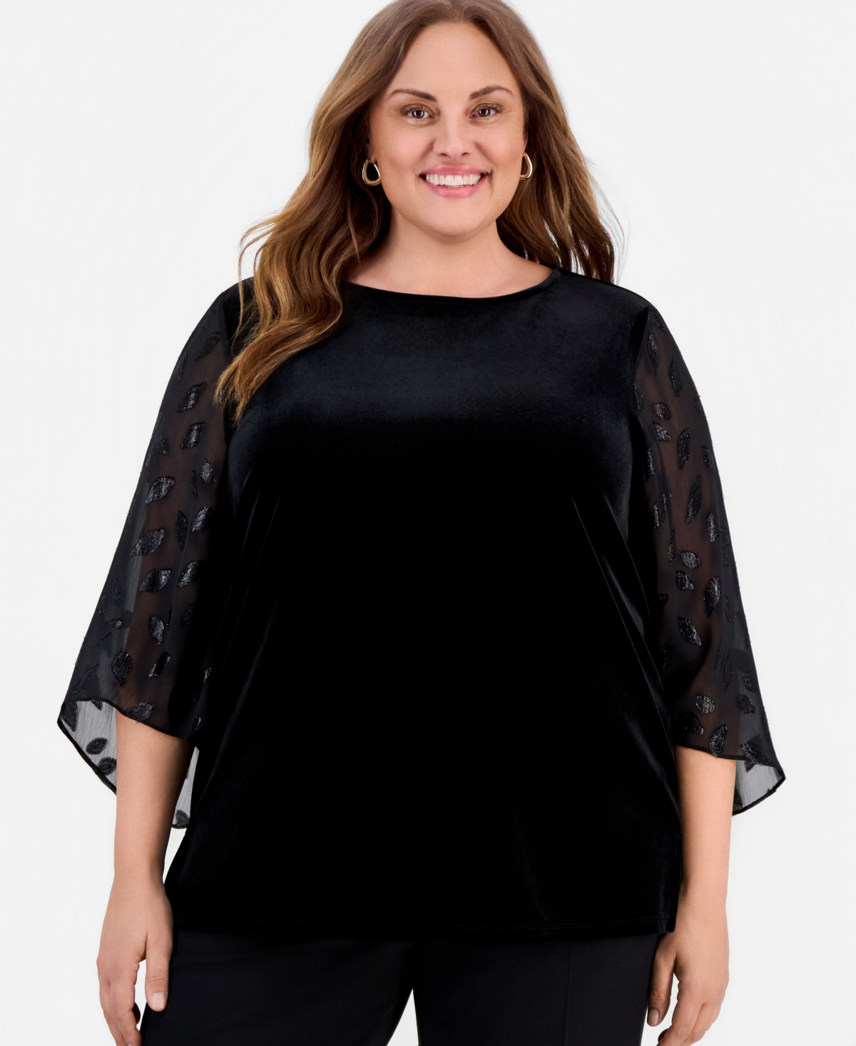 Click here for Kasper Plus Size Mixed-Media Contrast-Sleeve Blous... prices