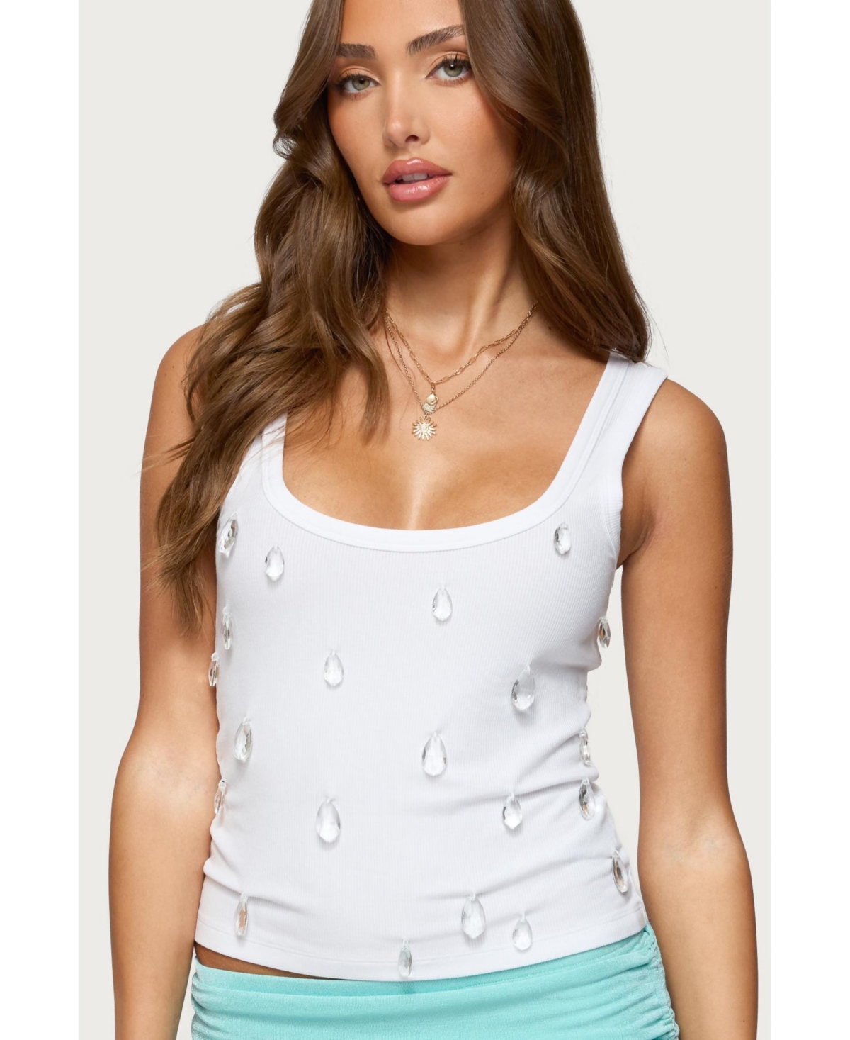 Click here for Edikted Womens Zelena Faux Crystal Ribbed Tank Top... prices