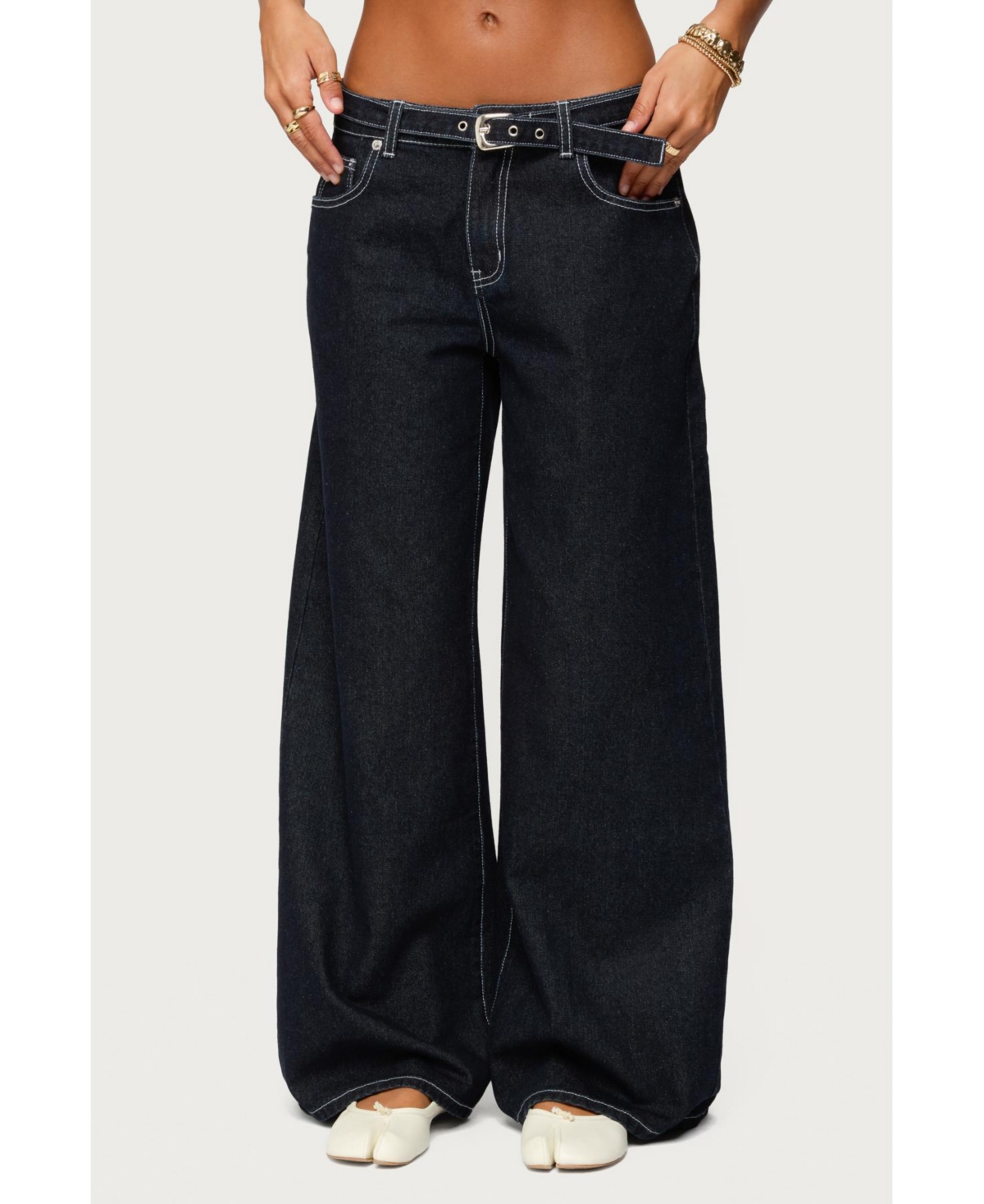 Click here for Edikted Womens Karah Belt Low Rise Jeans - Dark-bl... prices