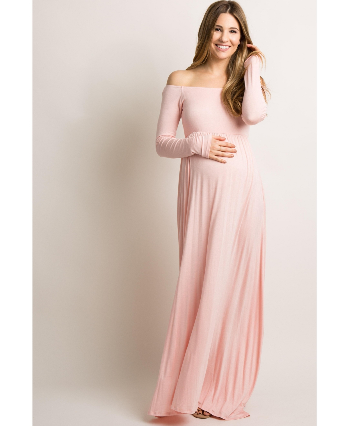 Click here for Pinkblush Maternity Pink Solid Off Shoulder Maxi D... prices
