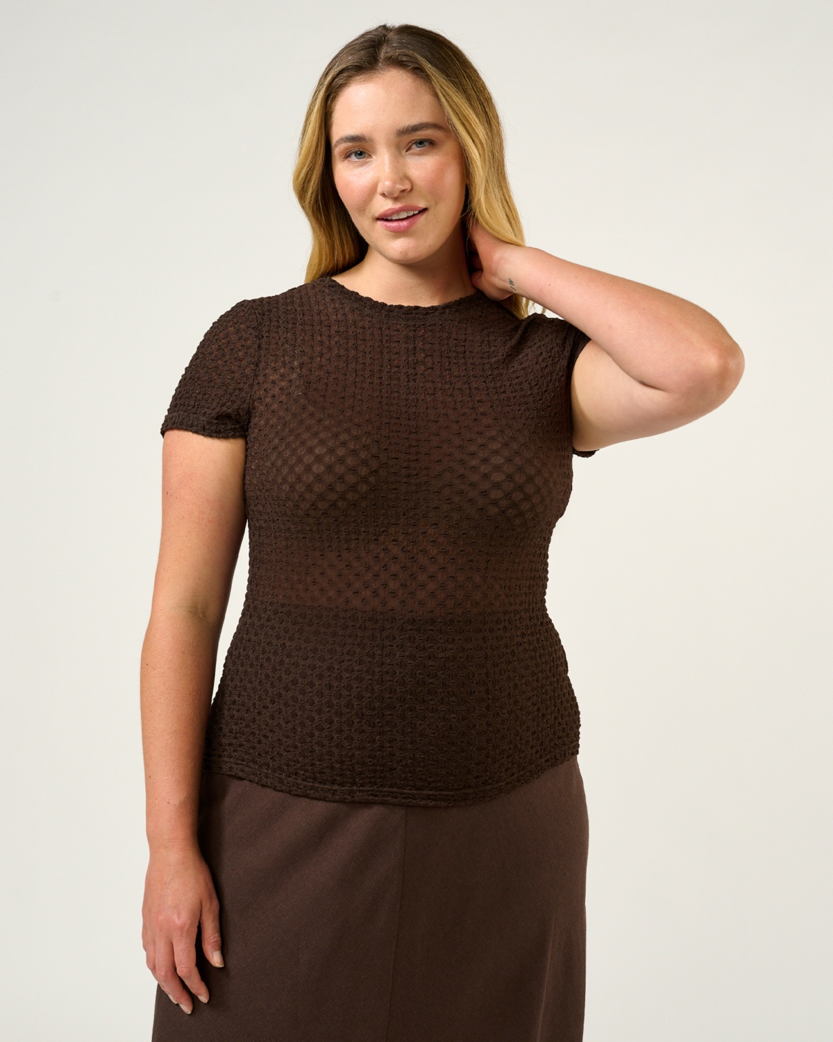 Estelle Plus Size Naomi Textured Mesh Top - Brown