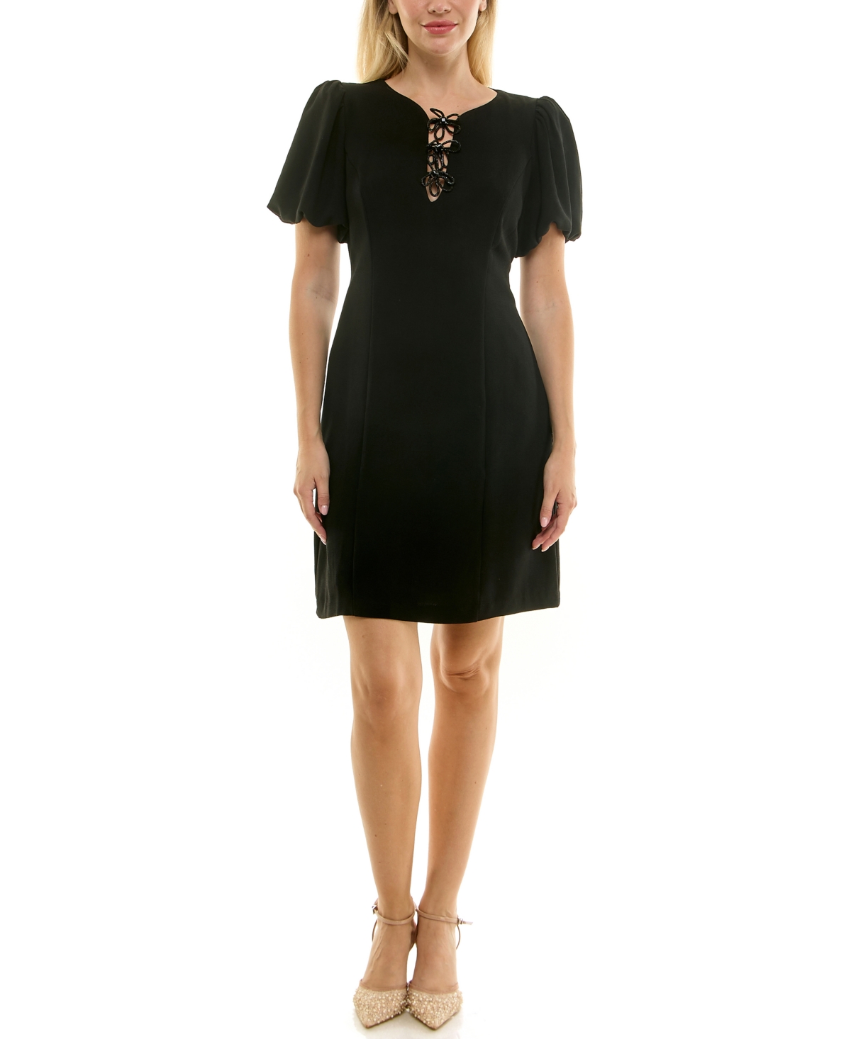 Click here for Taylor Petite Puff Sleeve Flower Trim Dress - Blac... prices