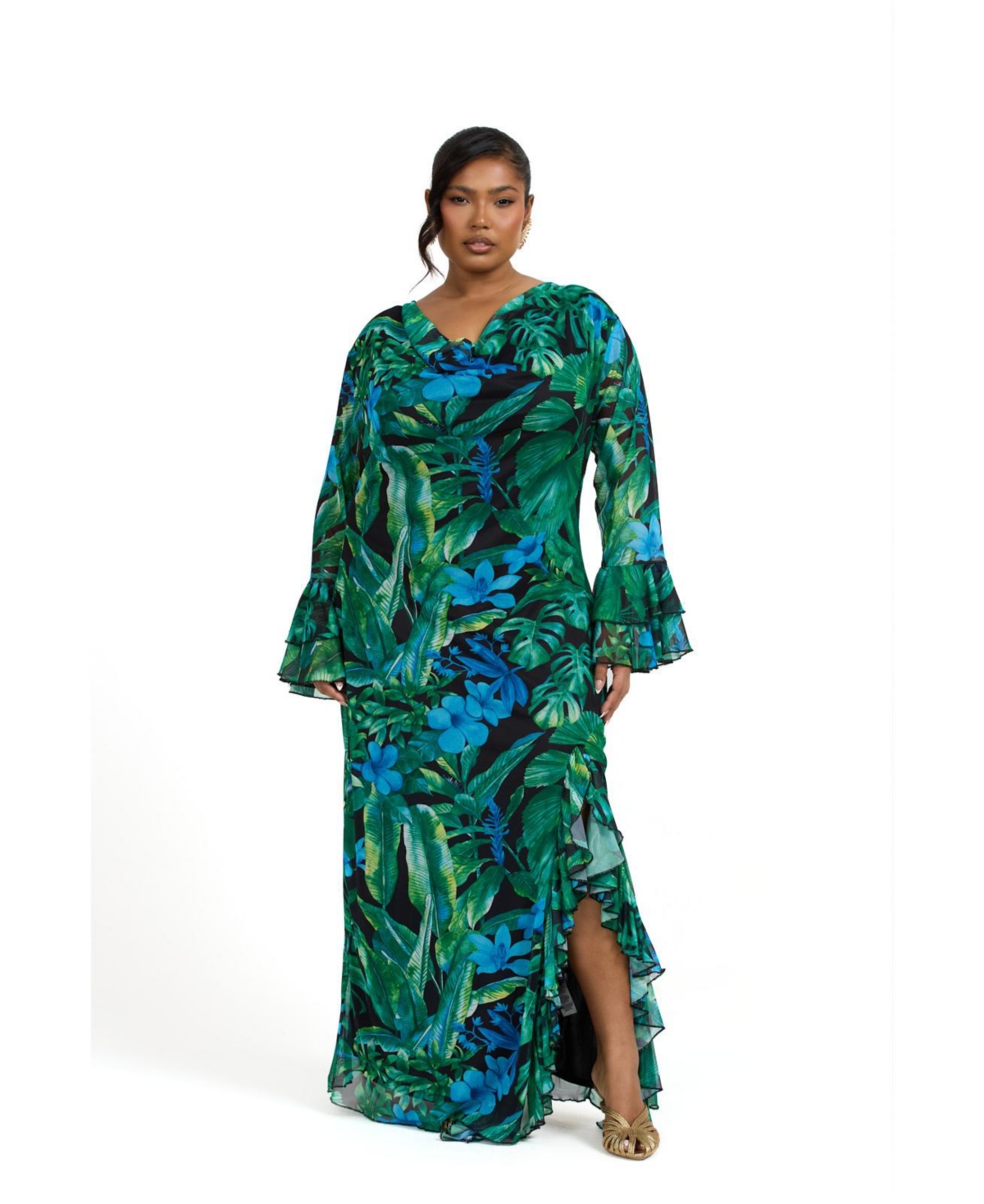 Fashion-szn Curve Womens Ruffle Cowl Neck Palm Print Maxi Dress - Green