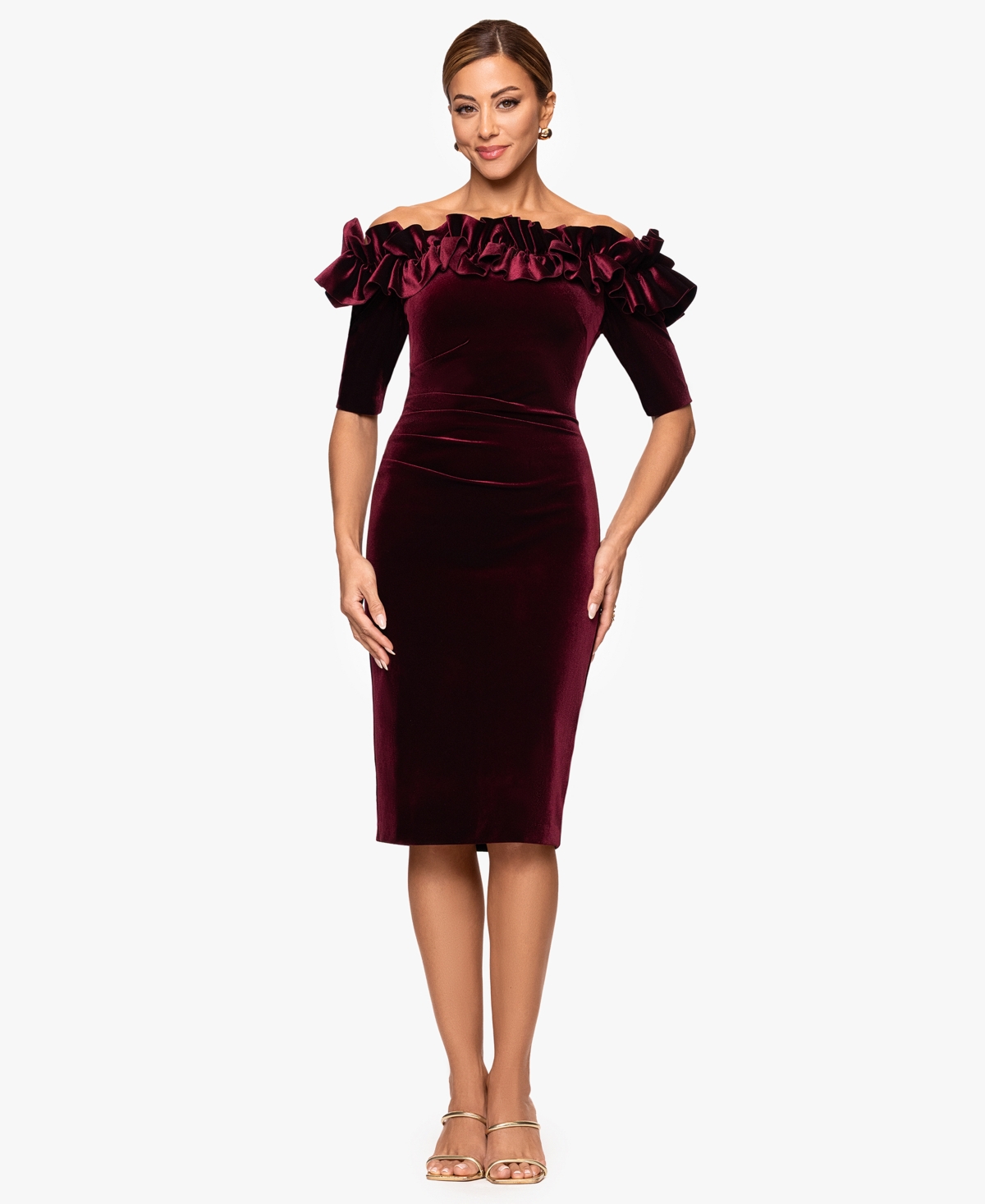 Click here for Xscape Womens Off The Shoulder Ruffle Dress - Burg... prices