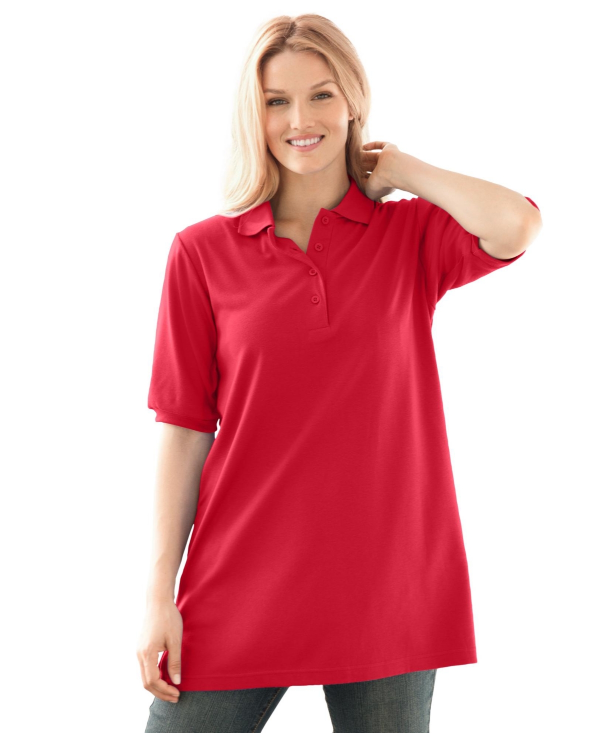 Click here for Woman Within Plus Size Within Elbow-Sleeve Polo Tu... prices