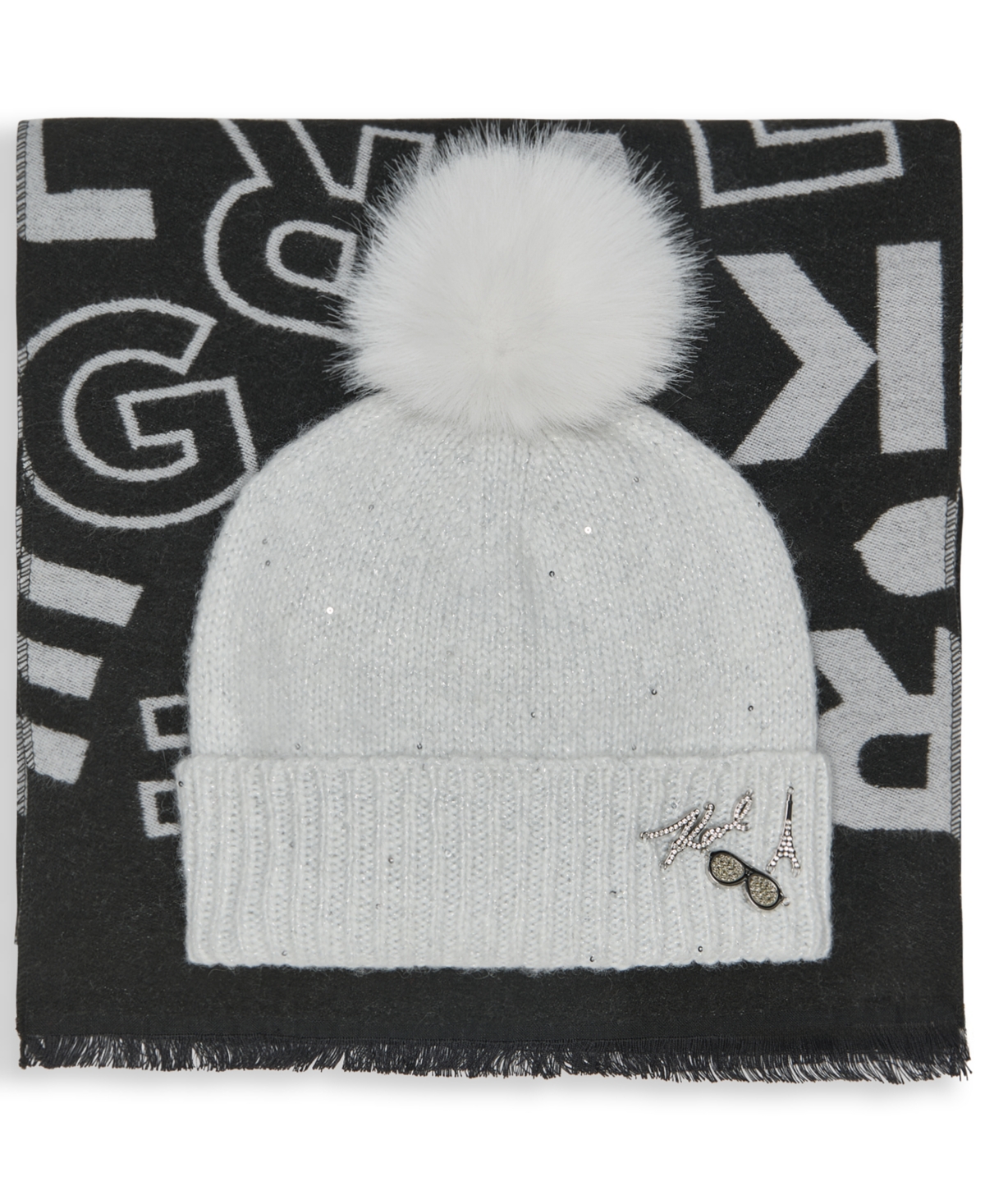 Karl Lagerfeld Paris Womens 2-Piece Karl Jumble Muffler And Sequin Knit Beanie Gift Set - Black
