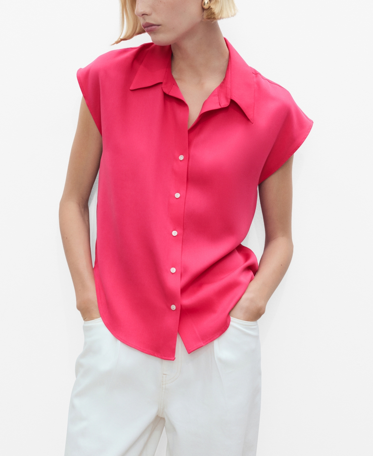 Click here for Mango Womens Lyocell Sleeveless Shirt - Strawberry prices