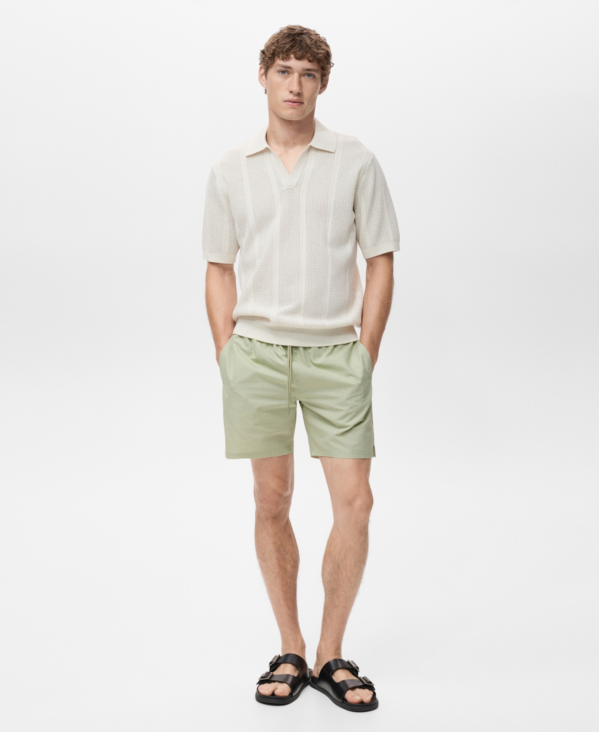 Click here for Mango Mens Seersucker Swimming Trunks - Pastel Gre... prices