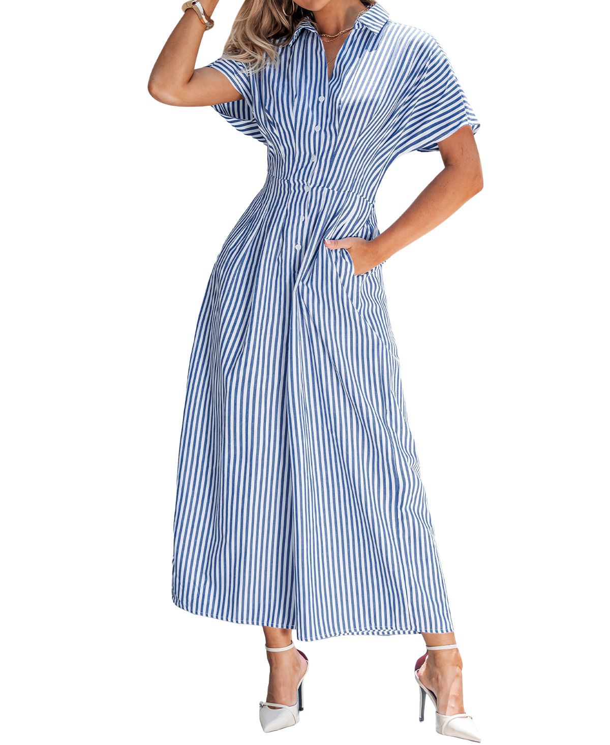 Click here for Cupshe Womens Striped Button-Up Jumpsuit - Blue prices